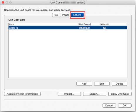 Canon:imagePROGRAF 설명서:Mac OS 소프트웨어:Accounting Manager 가이드:용지나 잉크 등의 ...