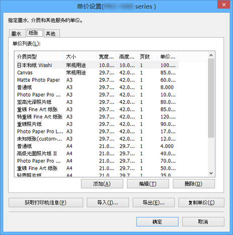 Canon:imagePROGRAF 手册:Windows软件:Accounting Manager指南:设定墨水及介质等的单价