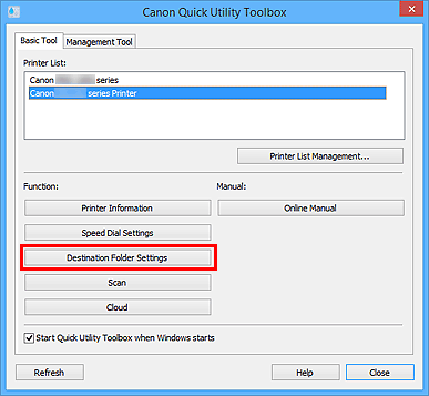 Canon : Blekkskrivermanualer : Quick Utility Toolbox : Angi målmappen